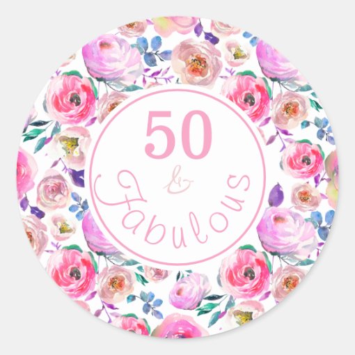Beautiful Watercolor 50 and Fabulous Classic Round Sticker | Zazzle