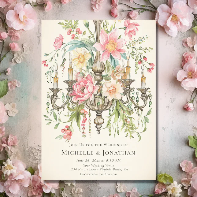 Beautiful Watercolor Floral Chandelier Wedding Invitation | Zazzle