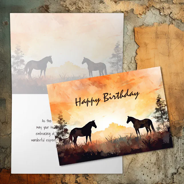 Beautiful Watercolor Horses at Sunset Birthday Card | Zazzle