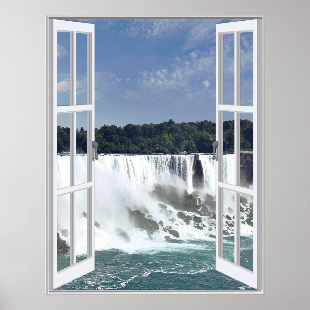 Beautiful Waterfall Faux Window View Poster | Zazzle