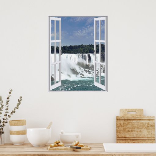 Beautiful Waterfall Faux Window View Poster | Zazzle