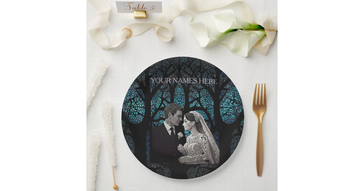 Beautiful wedding couple on a blue Tree of Life Paper Plates | Zazzle