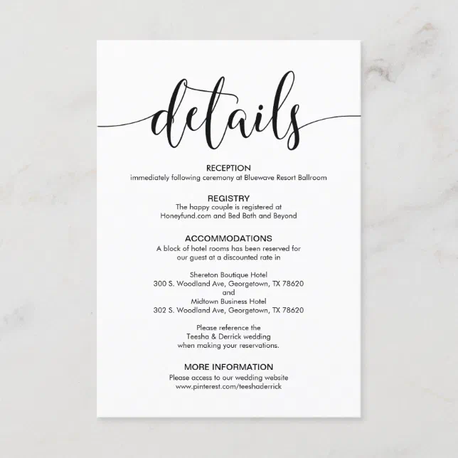 Beautiful Wedding Details Enclosure Card Zazzle