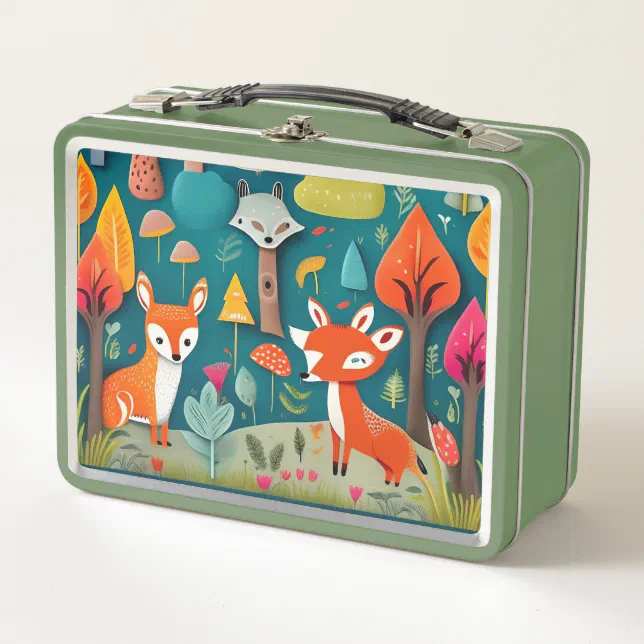 Beautiful Whimsical forest Scene with Fox Metal Lunch Box | Zazzle