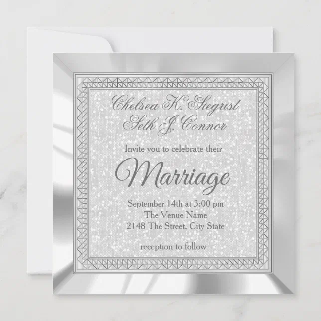 Beautiful White Glitter, Satin and Silver Wedding Invitation | Zazzle