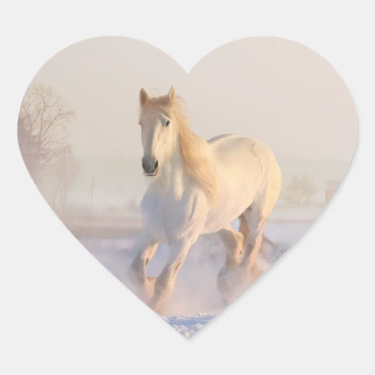 Beautiful White Horse Galloping in the Snow Heart Sticker | Zazzle