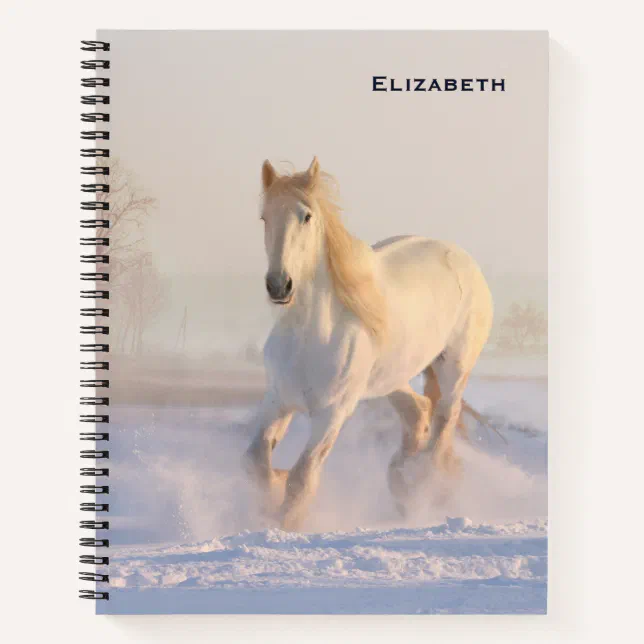 Beautiful White Horse Galloping in the Snow Notebook | Zazzle