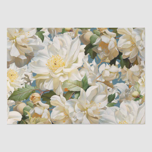 Beautiful white peony and magnolia pattern tissue paper | Zazzle