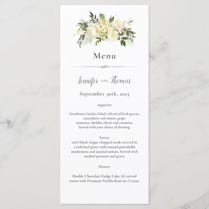 Beautiful White Roses Floral Wedding Menu | Zazzle.com
