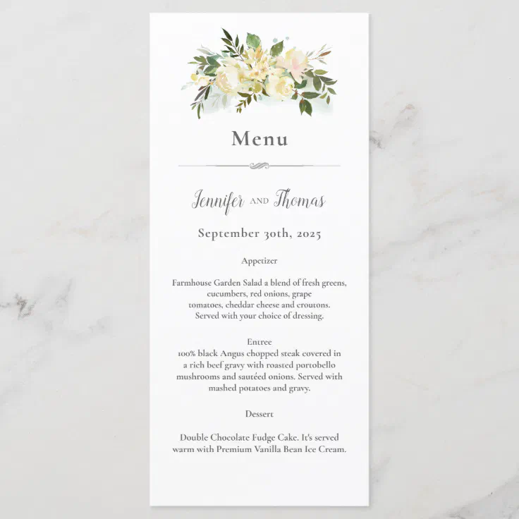 Beautiful White Roses Floral Wedding Menu | Zazzle