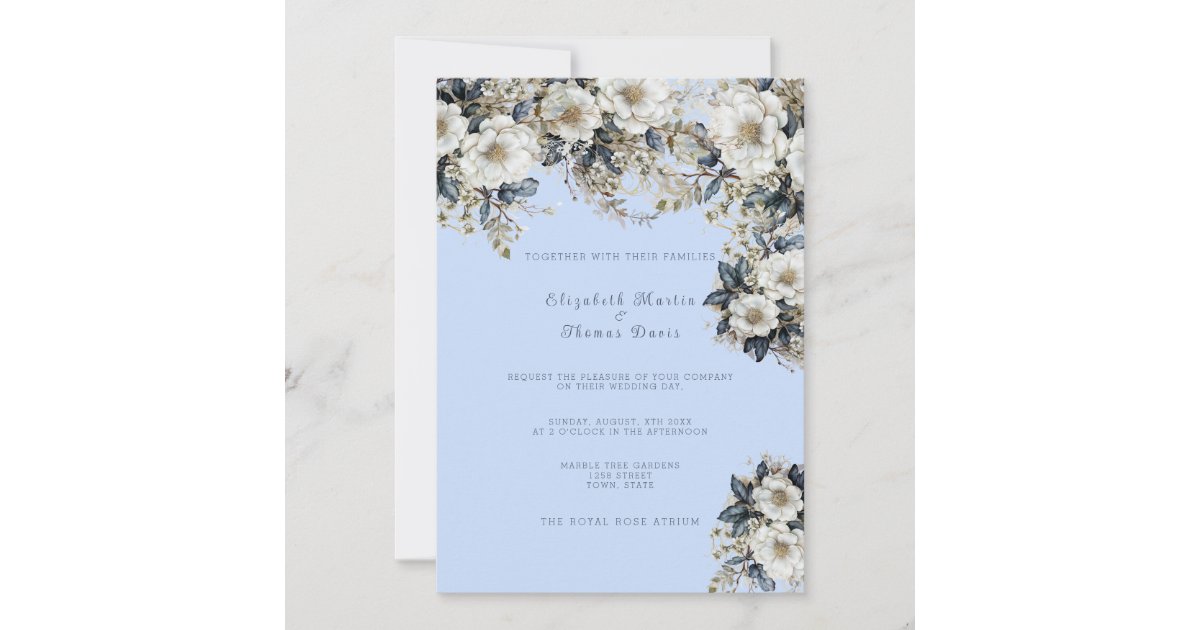 Beautiful White Roses Vines Blue Leaves Invitation | Zazzle