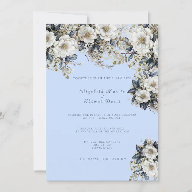 Beautiful White Roses Vines Blue Leaves Invitation | Zazzle