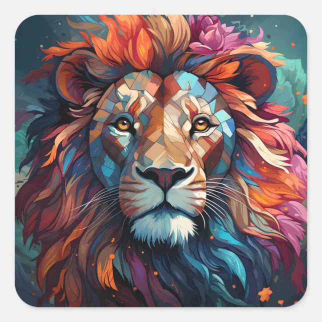Beautiful Wild Animal Portrait Colorful Lion Head Square Sticker | Zazzle