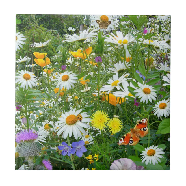 Beautiful Wildflower and Butterfly Meadow Tile | Zazzle