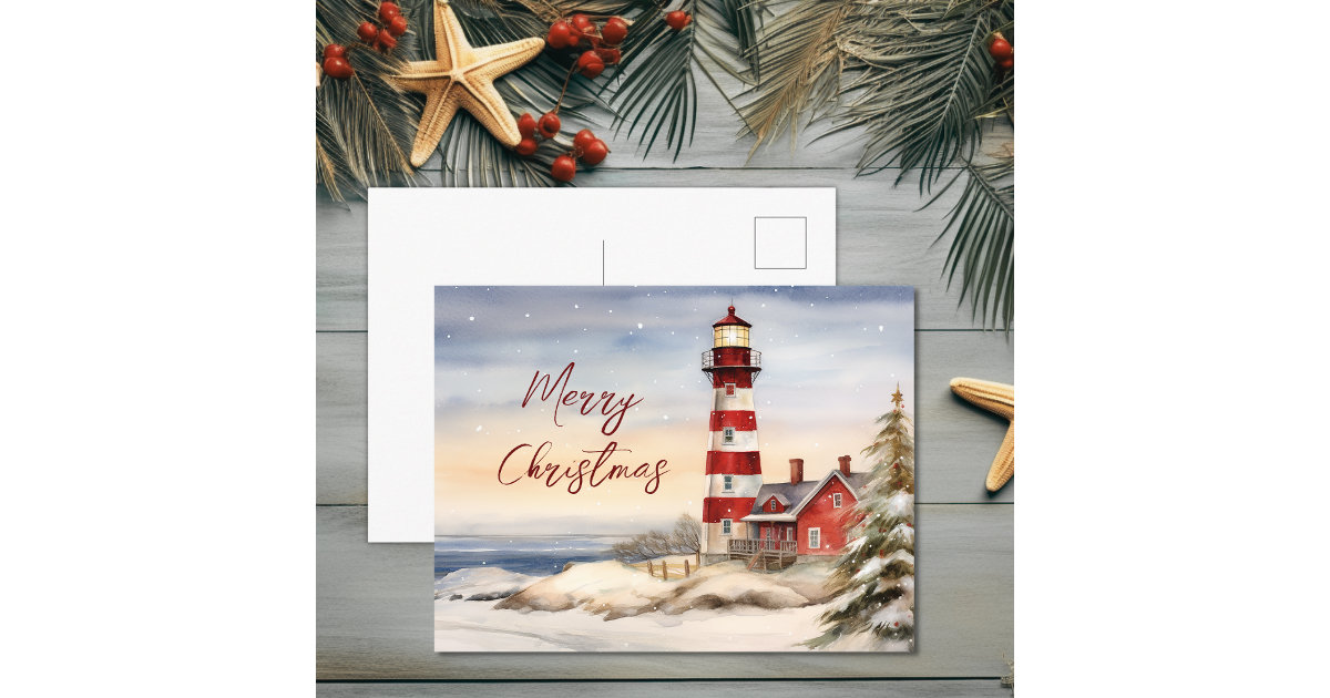 Beautiful Winter Lighthouse Scene Merry Christmas Holiday Postcard | Zazzle