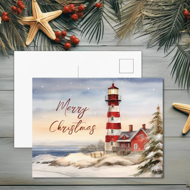 Beautiful Winter Lighthouse Scene Merry Christmas Holiday Postcard | Zazzle