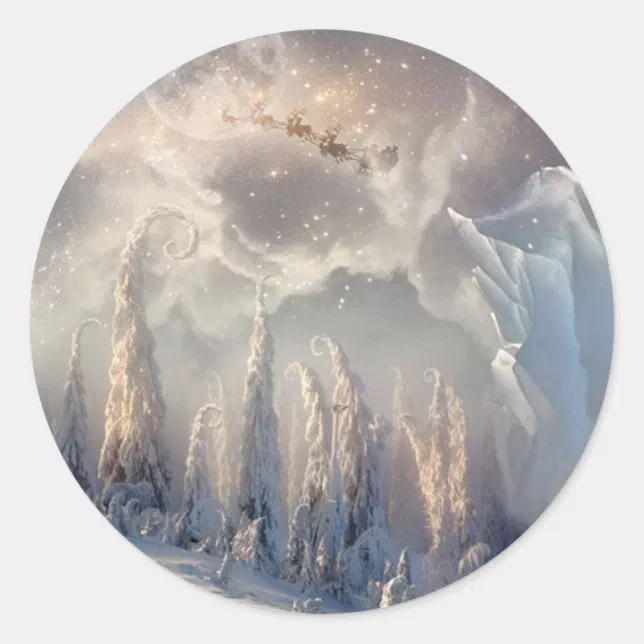 Beautiful Winter Santa Flying Christmas Scene Classic Round Sticker ...