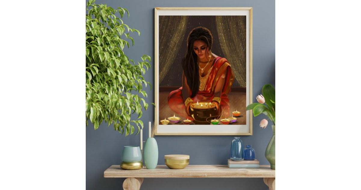 Beautiful Woman Indian Digital Art Portrait Saree Poster | Zazzle