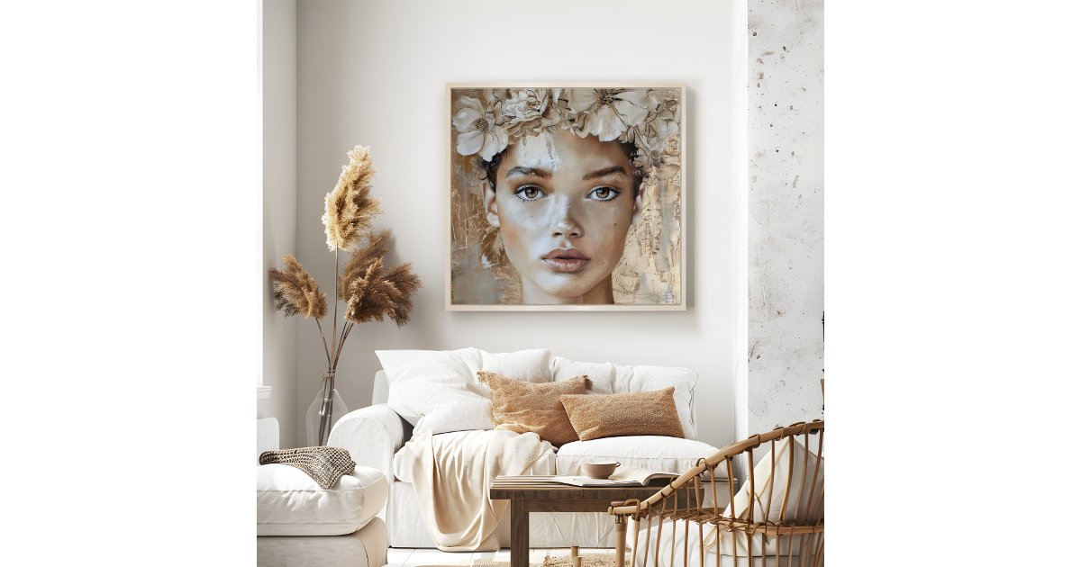 Beautiful Young Fashion Model Floral Portrait Art Poster | Zazzle