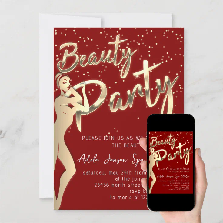 Beauty Body Party Instant Download Gold Burgundy Invitation | Zazzle