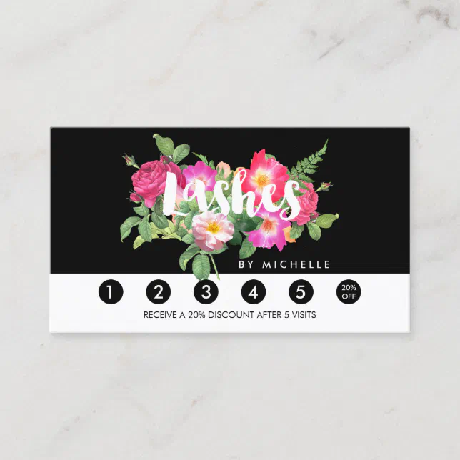 Beauty Florals Lash Extensions Black Loyalty Card | Zazzle