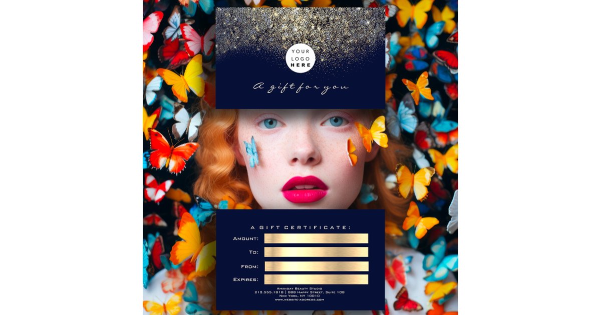Beauty Gift Certificate Blue Navy Gold Lash Logo | Zazzle