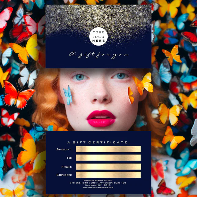 Beauty Gift Certificate Blue Navy Gold Lash Logo | Zazzle