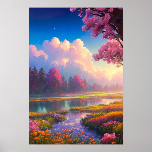 Beauty of the Old River and Colorful Flora Poster | Zazzle