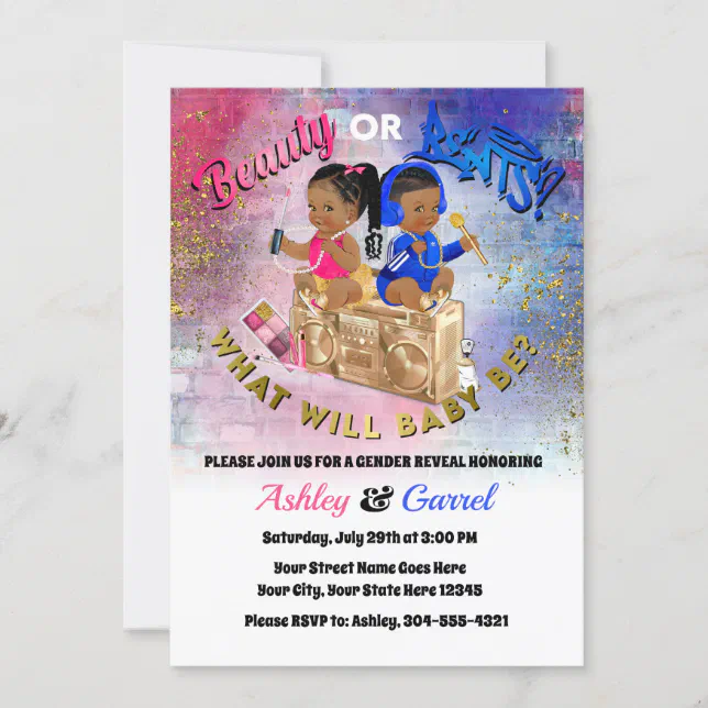 Beauty or Beats Invitation! Gender Reveal! Invitation | Zazzle