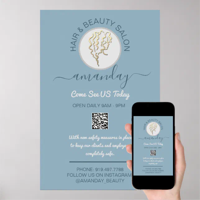 Beauty Salon Be Safe Logo Hairdresser QR Code Poster | Zazzle