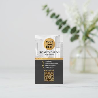 Beauty Salon Black Gold QR code Appointment Business Card | Zazzle