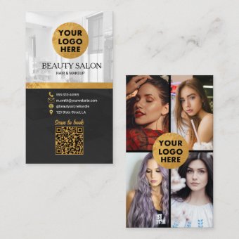 Beauty Salon Black Gold QR code Appointment Business Card | Zazzle