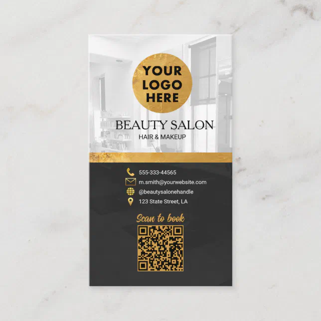 Beauty Salon Black Gold QR code Appointment Business Card | Zazzle