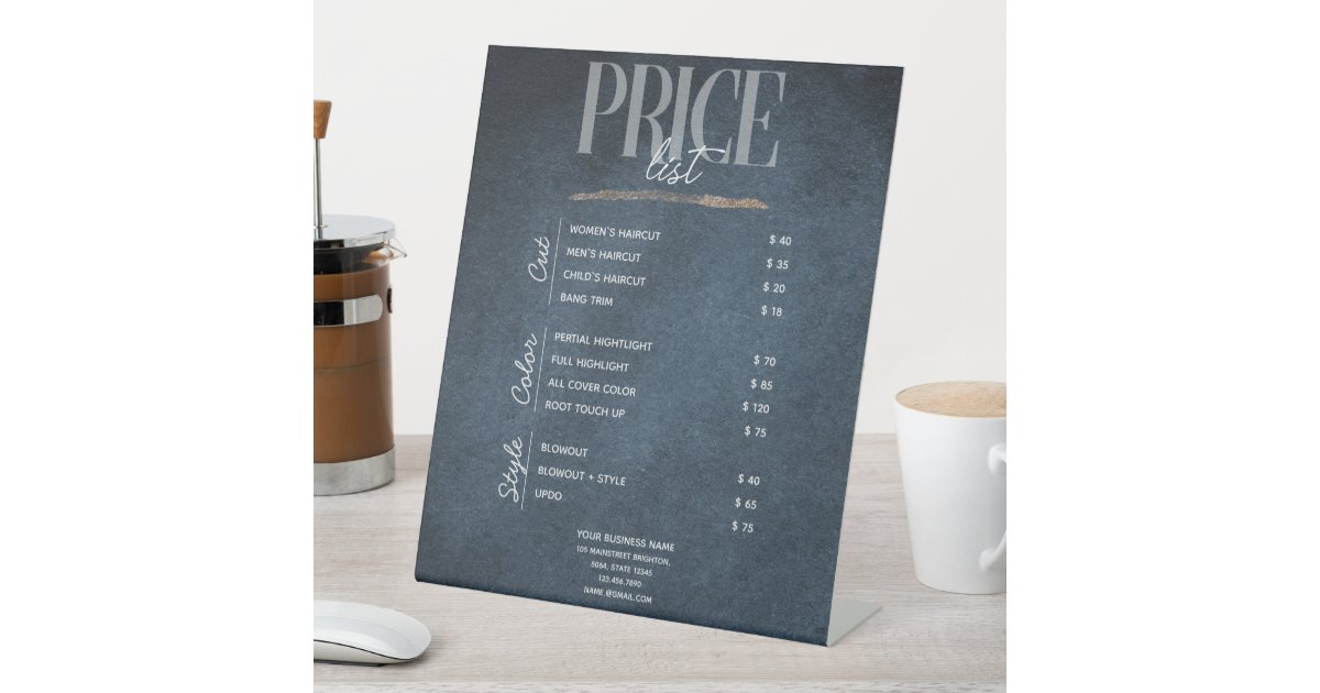 Beauty Salon Gold Dark Blue Price List Pedestal Sign | Zazzle