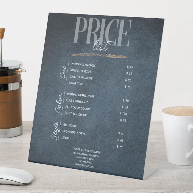 Beauty Salon Gold Dark Blue Price List Pedestal Sign | Zazzle
