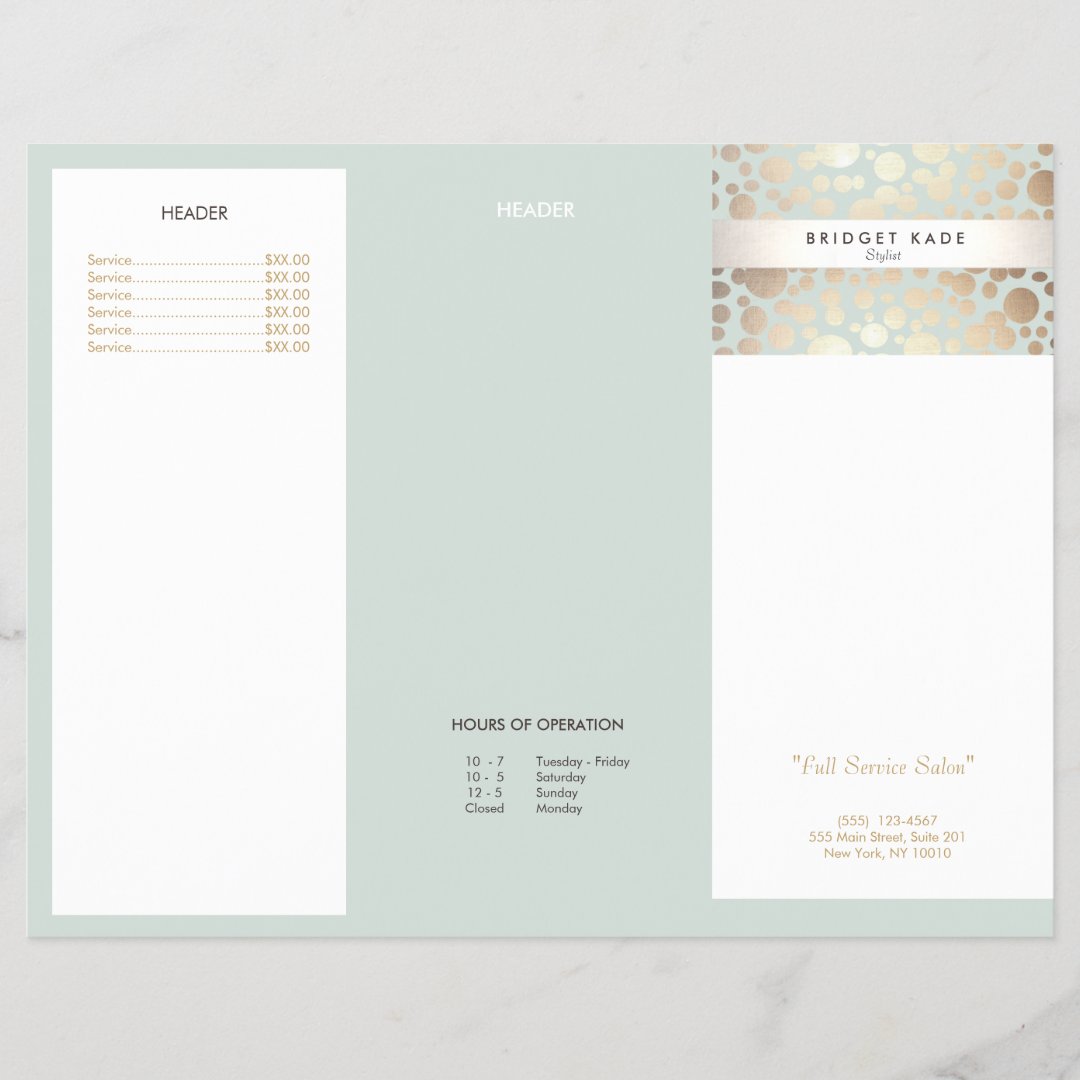Beauty Salon Gold Light Blue Circle Menu Brochure | Zazzle