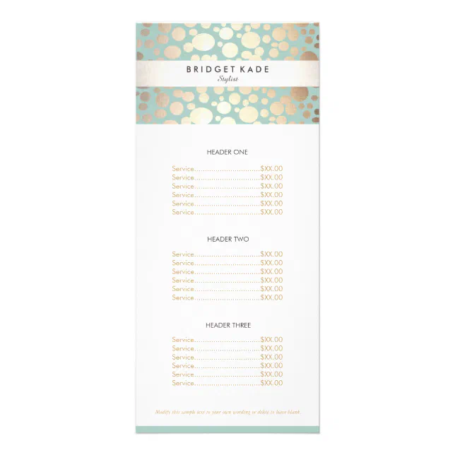 Beauty Salon Gold Turquoise Spotted Pattern Menu | Zazzle