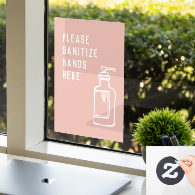 Beauty Salon Minimalist Pink Sanitize Hands Here Window Cling | Zazzle
