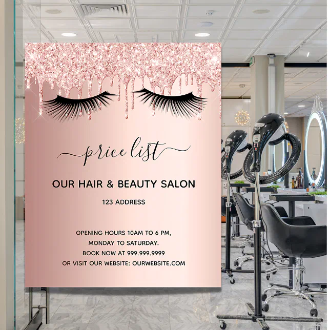 Beauty salon rose gold glitter price list lashes flyer | Zazzle