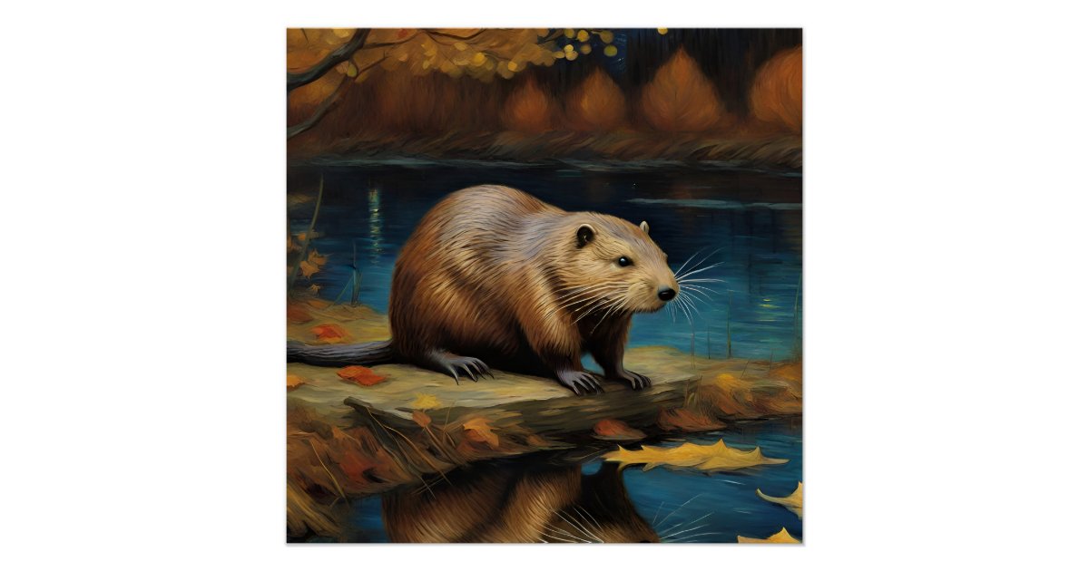 Beaver at night by Van Gogh AI Generated Poster | Zazzle