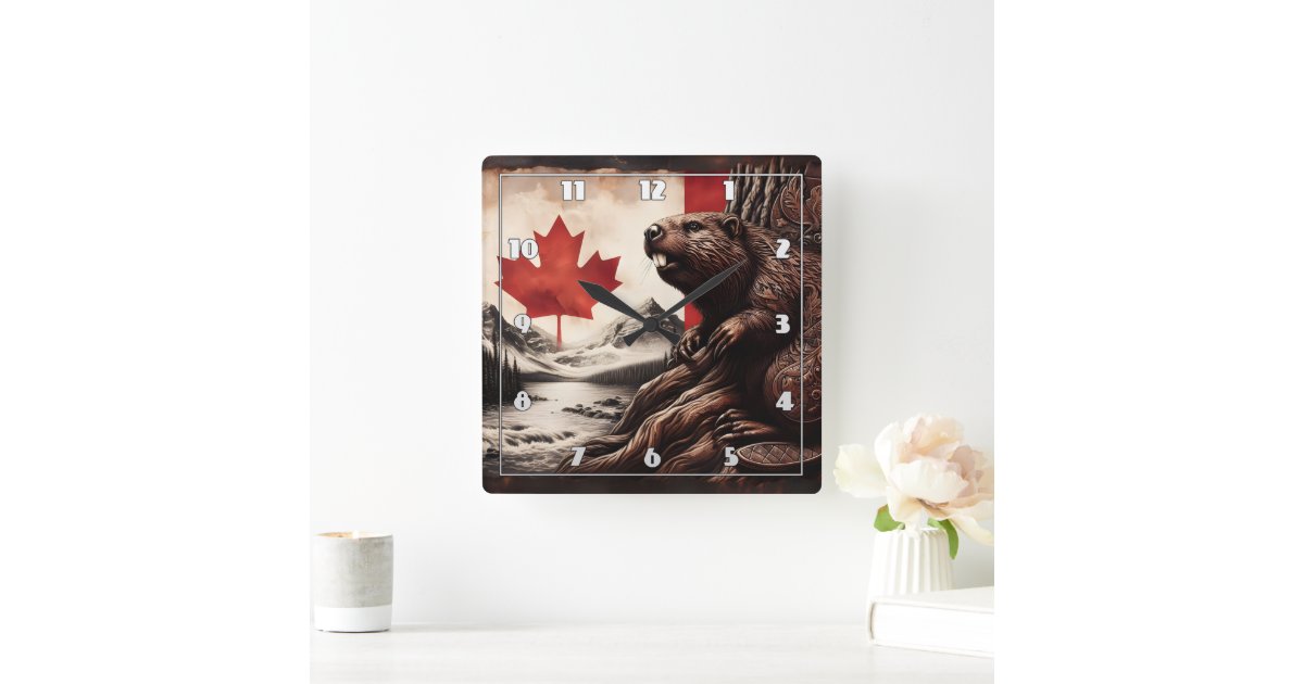 Beaver on a Tree With Canadian Flag and Mountains Square Wall Clock ...