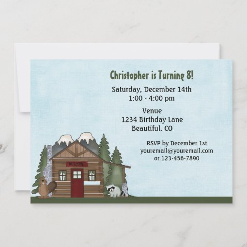 Beaver, Raccoon and Mountain Cabin Birthday Invite | Zazzle