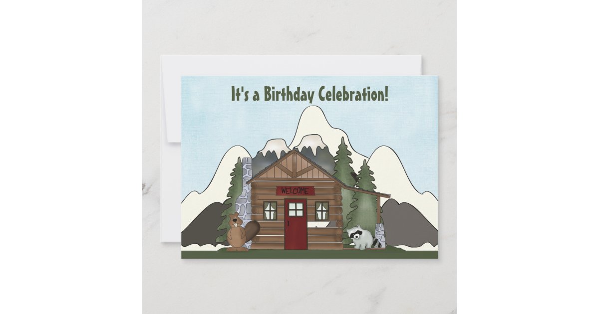 Beaver, Raccoon and Mountain Cabin Birthday Invite | Zazzle
