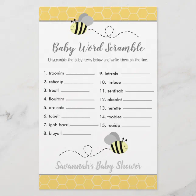 Bee Baby Shower Baby Word Scramble Game | Zazzle