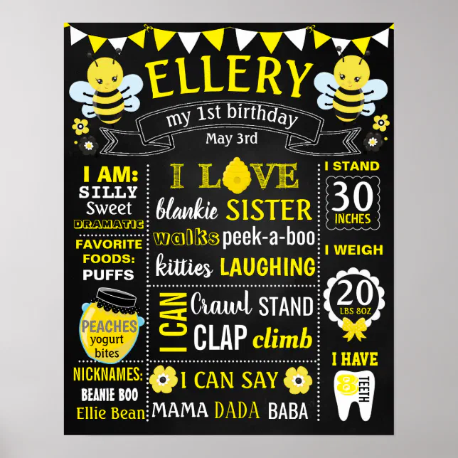 Bee Birthday Party chalkboard sign poster | Zazzle