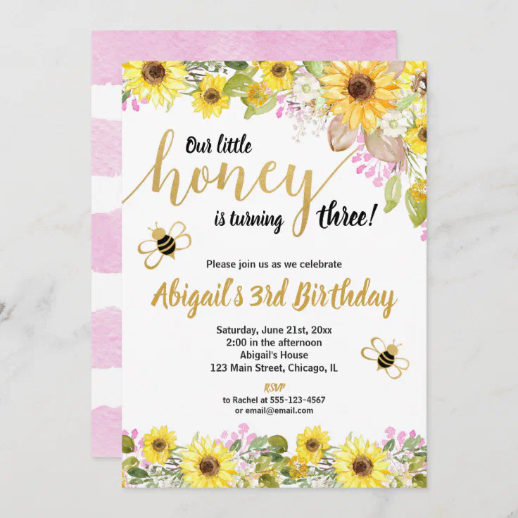 Bee birthday yellow pink floral sunflowers girl invitation | Zazzle