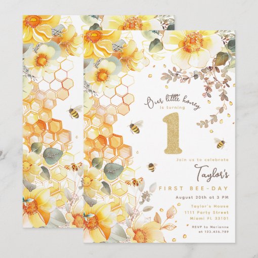 Bee Day Bumble Bee 1st Birthday Honey Floral Invitation | Zazzle