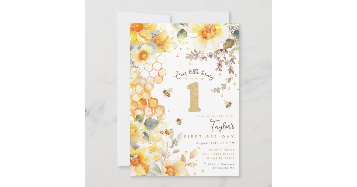 Bee Day Bumble Bee 1st Birthday Honey Floral Invitation | Zazzle