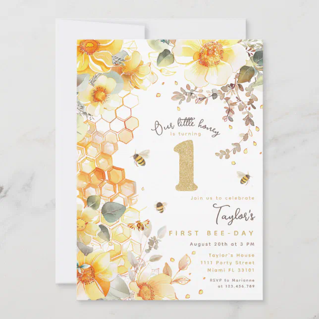Bee Day Bumble Bee 1st Birthday Honey Floral Invitation | Zazzle
