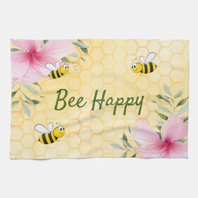 Bee Happy bees yellow honeycomb pink flowers Kitchen Towel | Zazzle